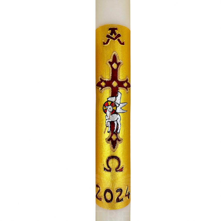 CIRIO PASCUAL 2025 CRUZ CON CORDERO FONDO DORADO - Artículos Religiosos ...